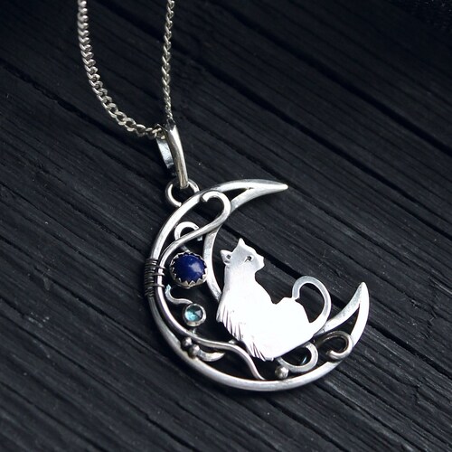 Silver Pendant Cat and Moon Totem Charm Cat Lovers Gift - Etsy