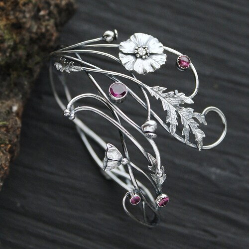 Silver Bracelet Poppy Adjustable Botanical Bangle Elven Cuff - Etsy