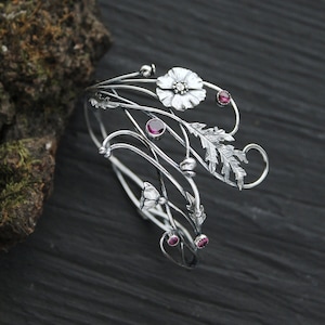 Silver Bracelet Poppy Adjustable Botanical Bangle Elven Cuff | Etsy