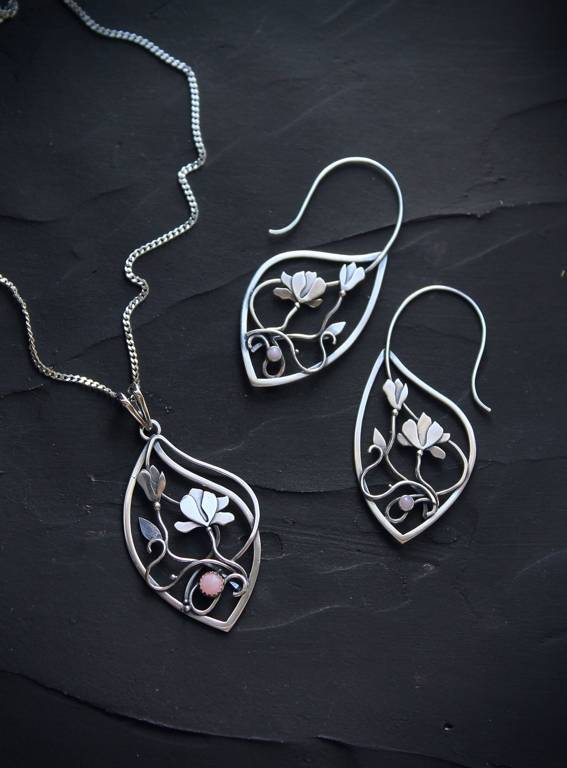 Magnolia Blossom Necklace, Sterling Silver Floral Pendant With Pink ...