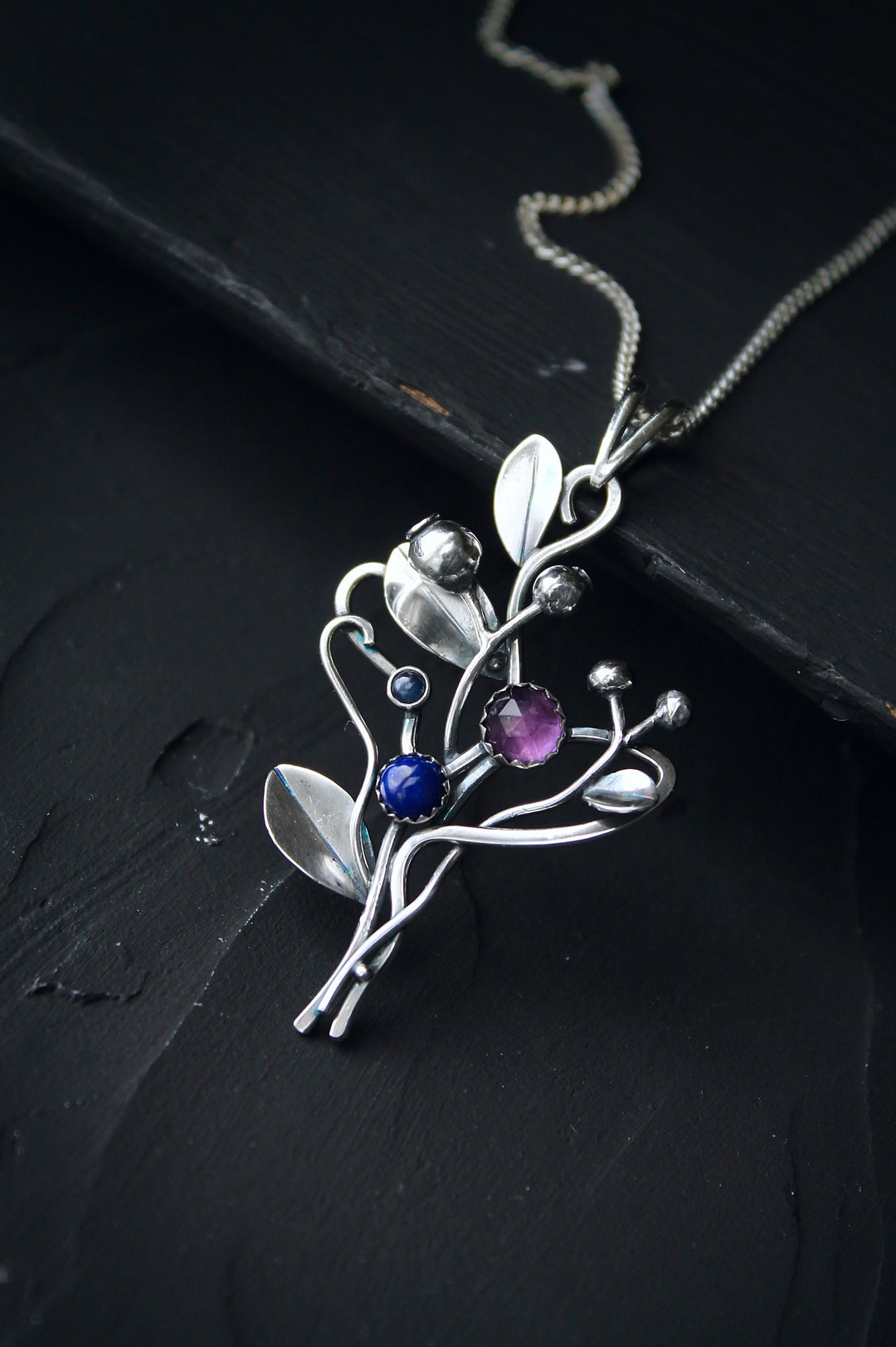 Blueberries Pendant Silver Plant Necklace Berries Jewelry Sapphire ...