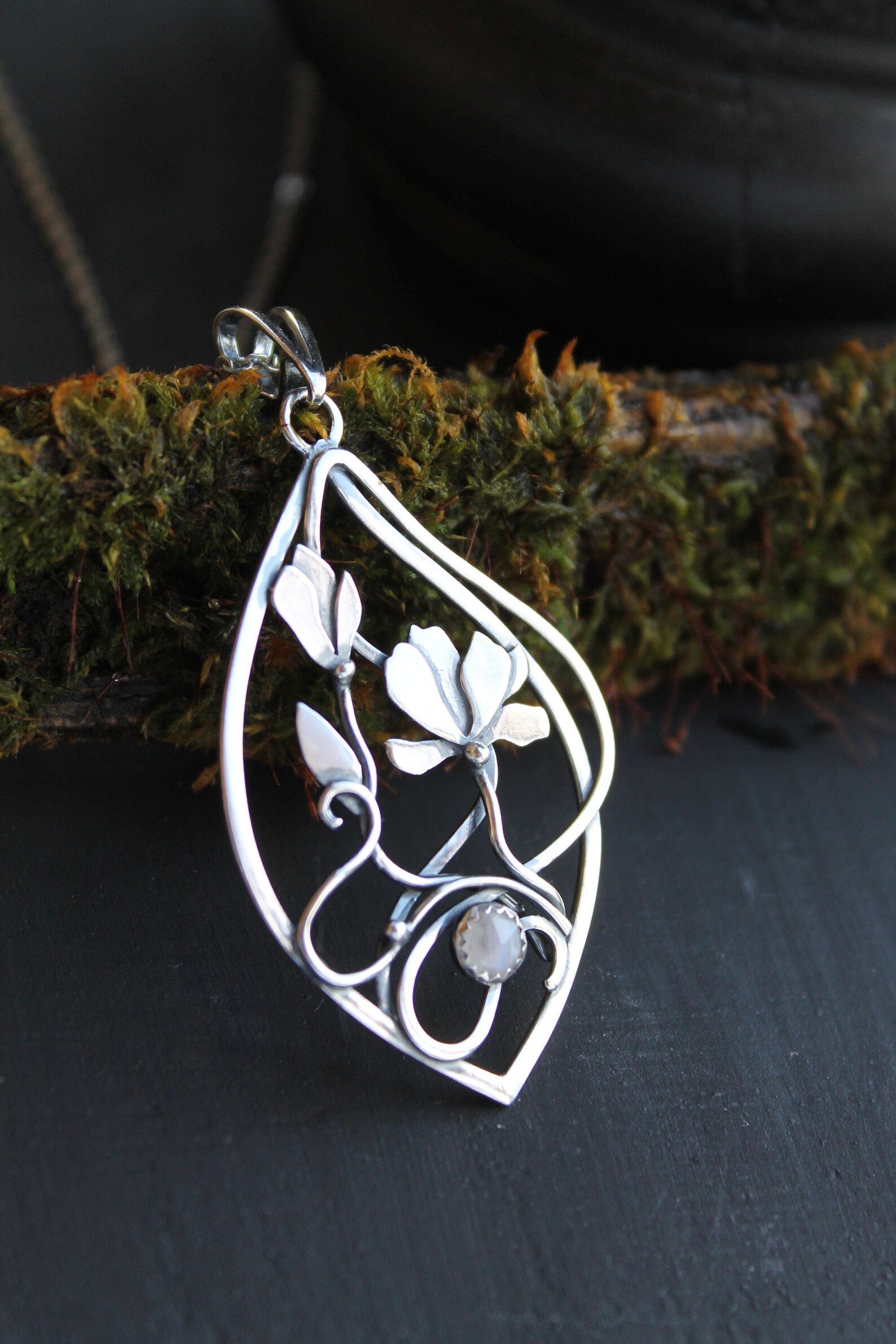 Magnolia Blossom Necklace, Sterling Silver Floral Pendant With Pink ...