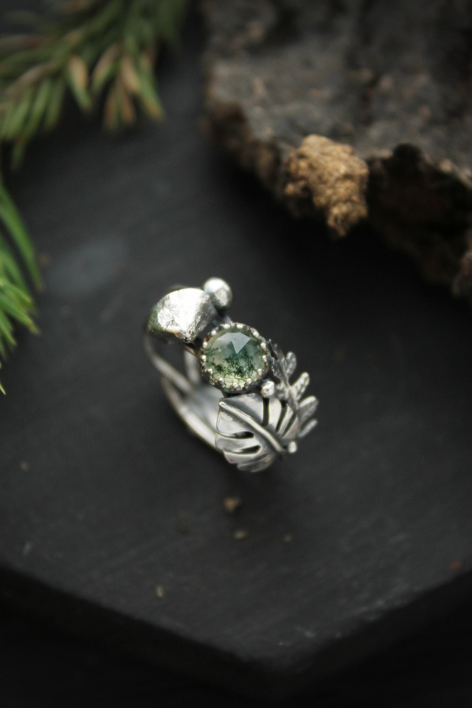Monstera and Mushrooms Ring Silver Botanical Agate Moss Ring - Etsy