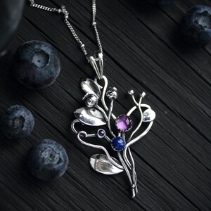 Blueberries Pendant Silver Plant Necklace Berries Jewelry Sapphire ...