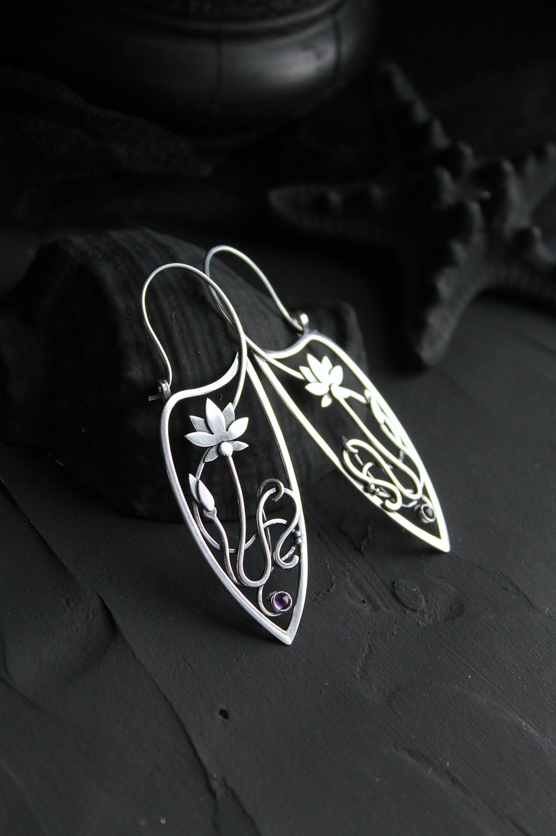 Silver earrings Lotus flower Elven jewelry Floral style | Etsy
