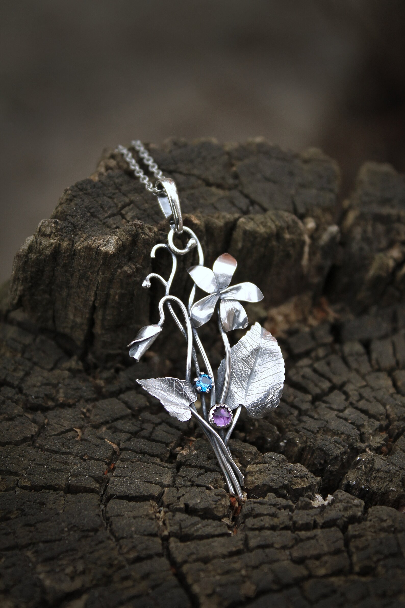 Violet Flower Necklace Sterling Silver Floral Pendant Garden - Etsy