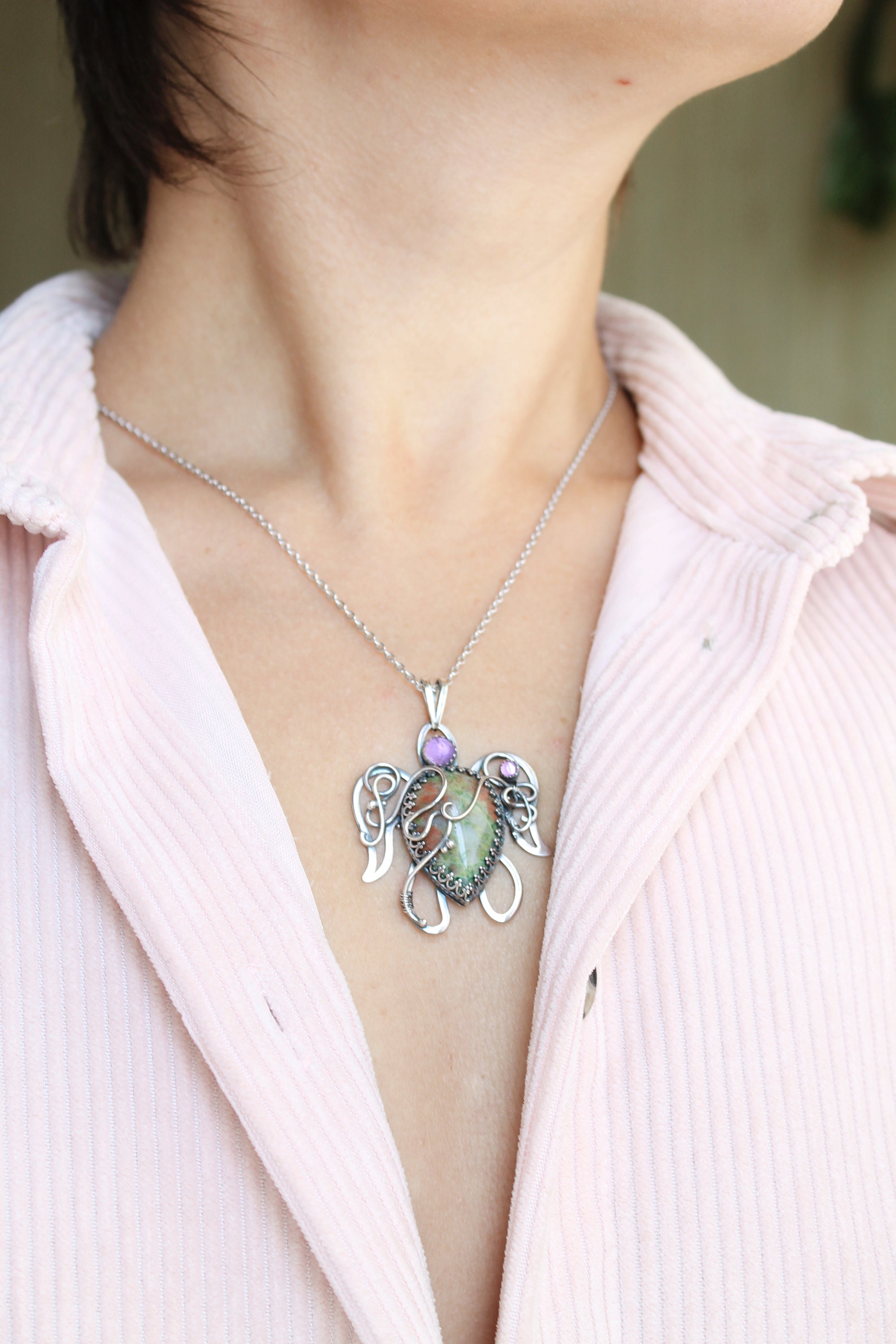 Turtle Necklace With Green Jasper and Amethyst - Etsy