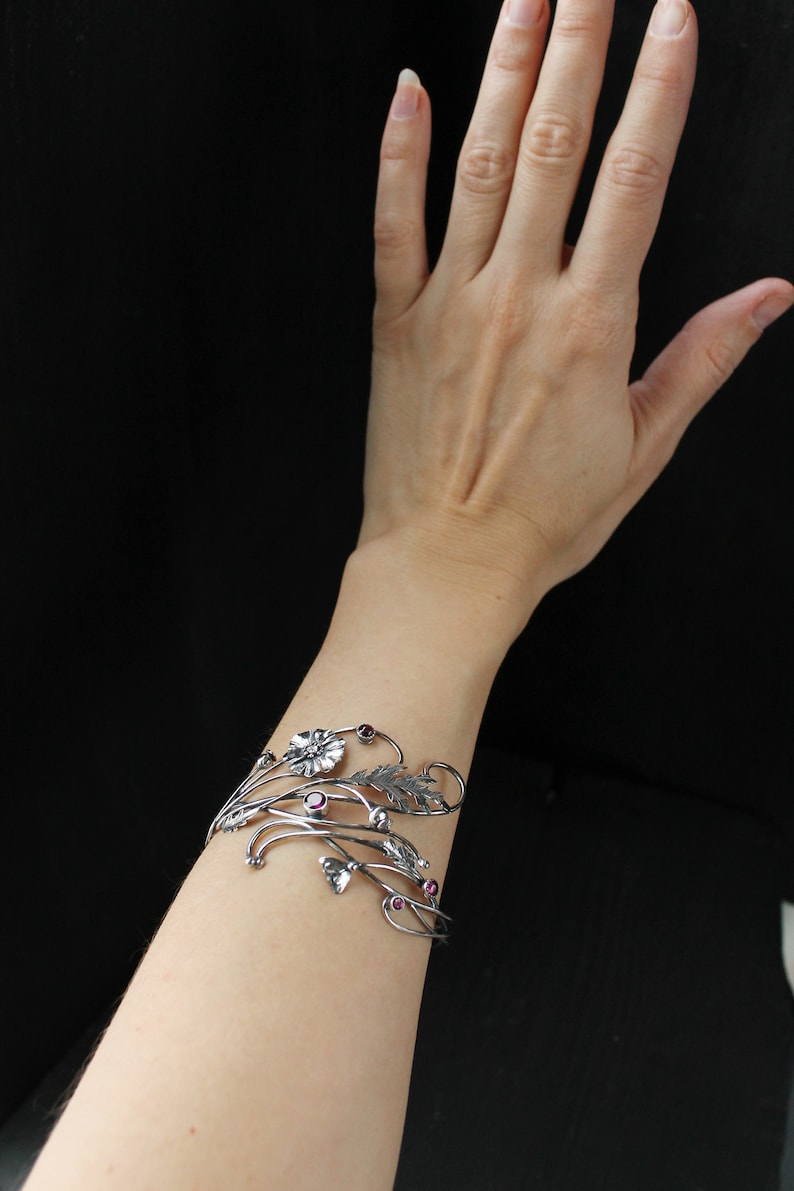 Silver Bracelet Poppy Adjustable Botanical Bangle Elven Cuff - Etsy