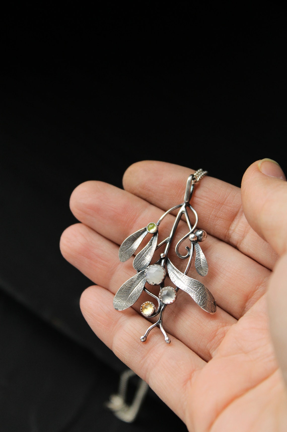 Mistletoe necklace Silver moonstone pendant Plant necklace | Etsy