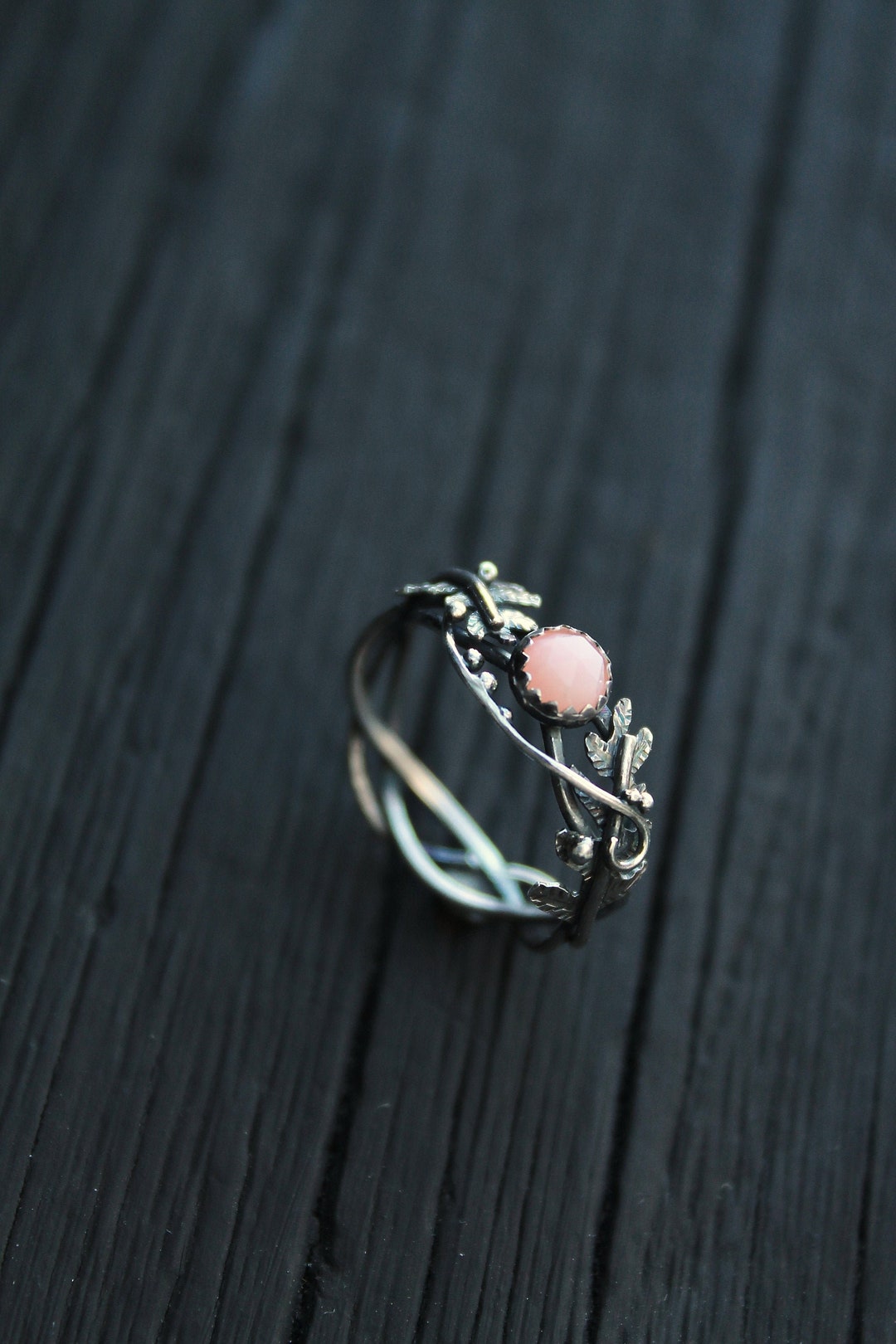 Pink Opal Sterling Silver Engagement Ring, Elven Fern Leaf Design - Etsy