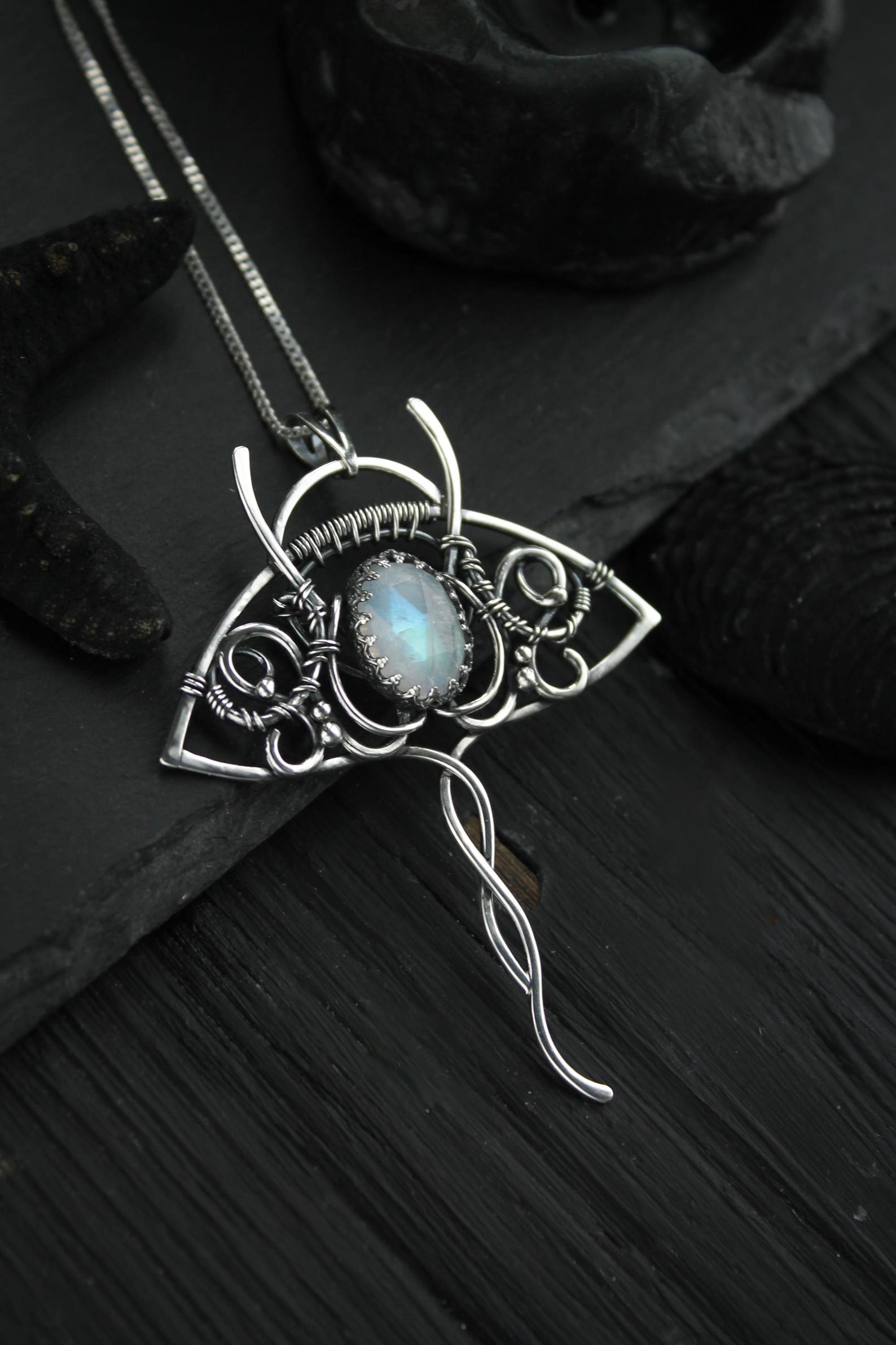 Manta Ray Silver Pendant With Moonstone Wire-wrapped Jewelry Nautical ...