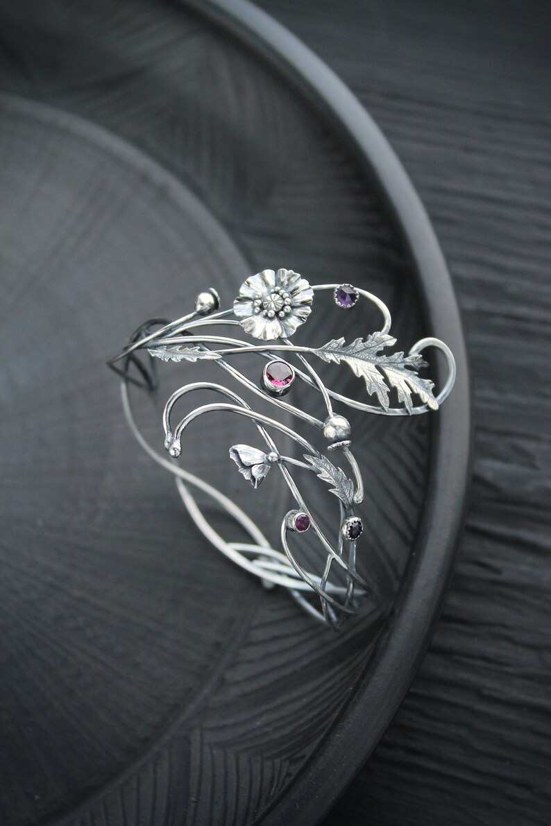 Silver Bracelet Poppy Adjustable Botanical Bangle Elven Cuff - Etsy