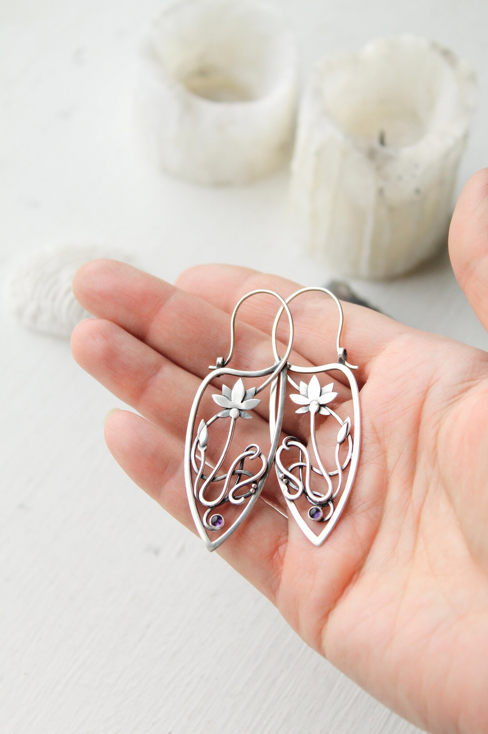 Silver Earrings Lotus Flower Elven Jewelry Floral Style | Etsy