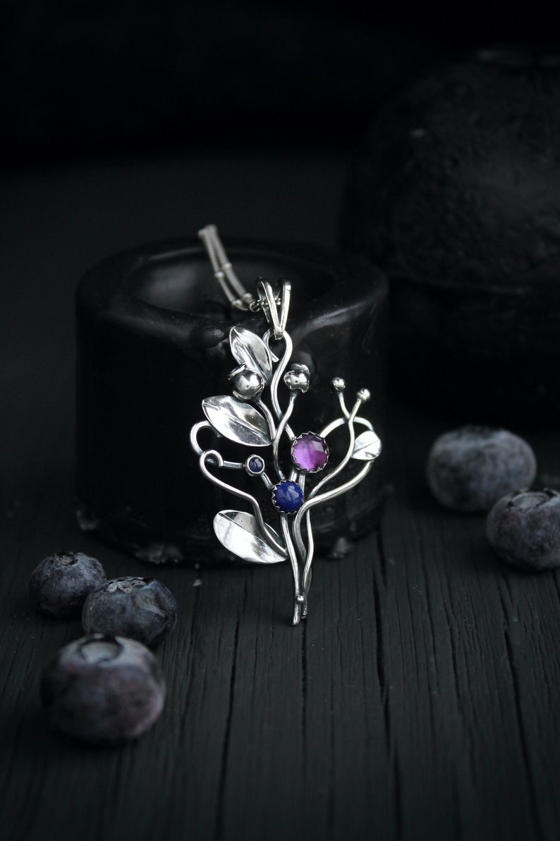 Blueberry Silver Pendant Necklace, Sapphire Amethyst Berries Jewelry ...
