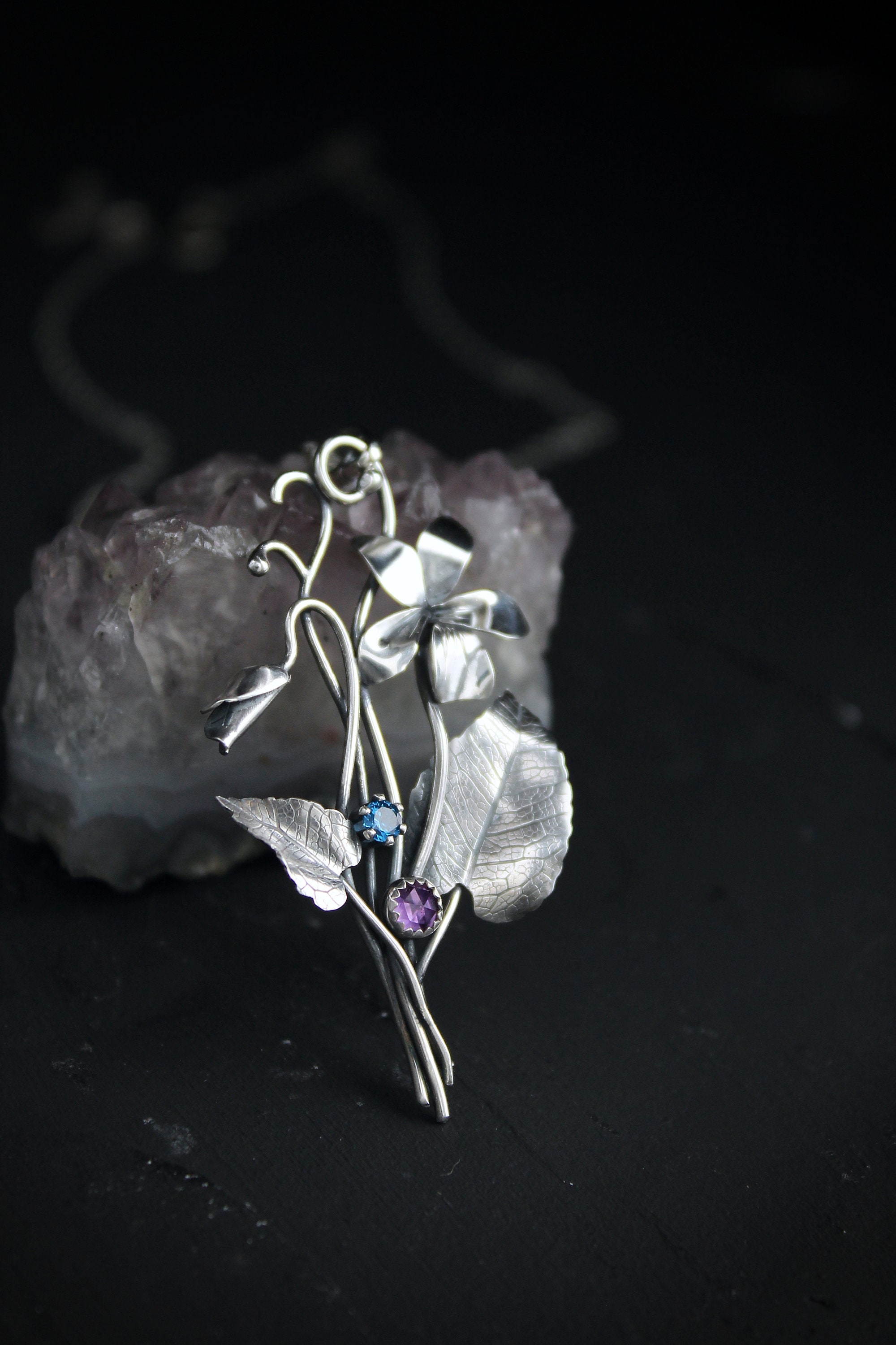 Violet flower necklace Sterling silver Floral pendant Garden | Etsy