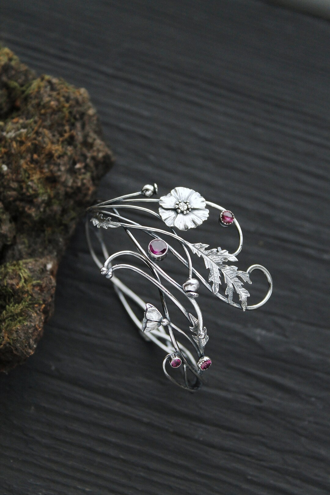 Silver Bracelet Poppy Adjustable Botanical Bangle Elven Cuff - Etsy