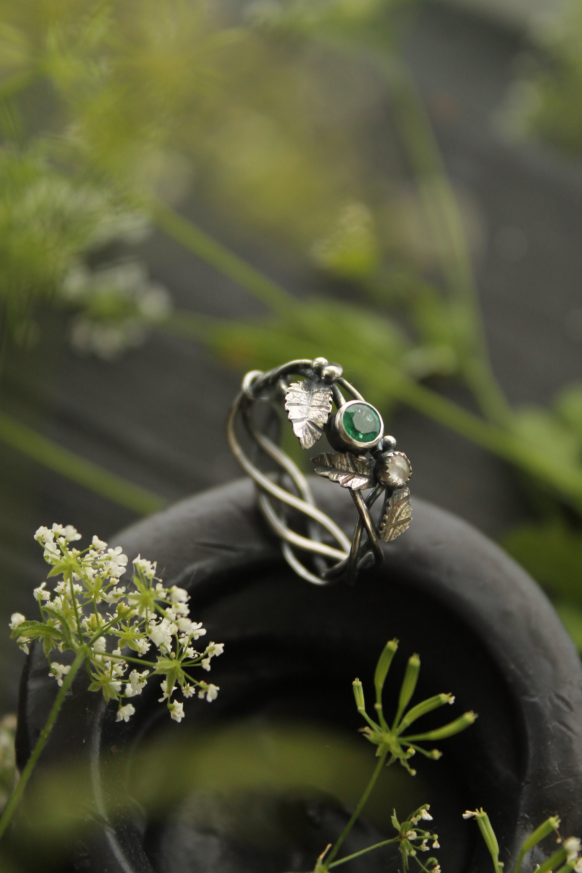 Engagement Ring With Natural Emerald and Moonstone - Etsy