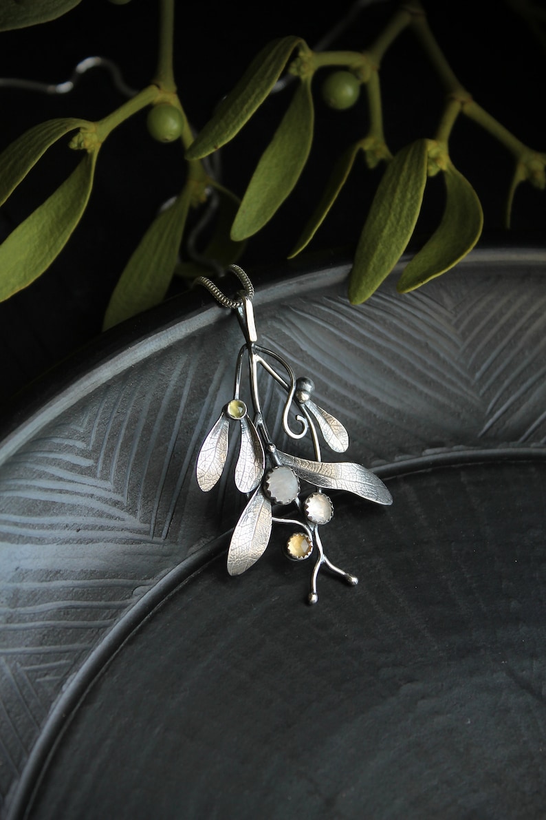 Mistletoe necklace Silver moonstone pendant Plant necklace | Etsy