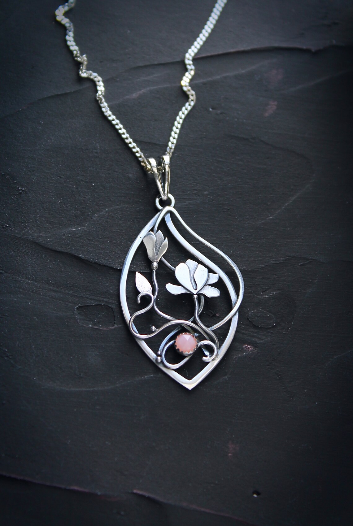 Magnolia Blossom Necklace, Sterling Silver Floral Pendant With Pink ...