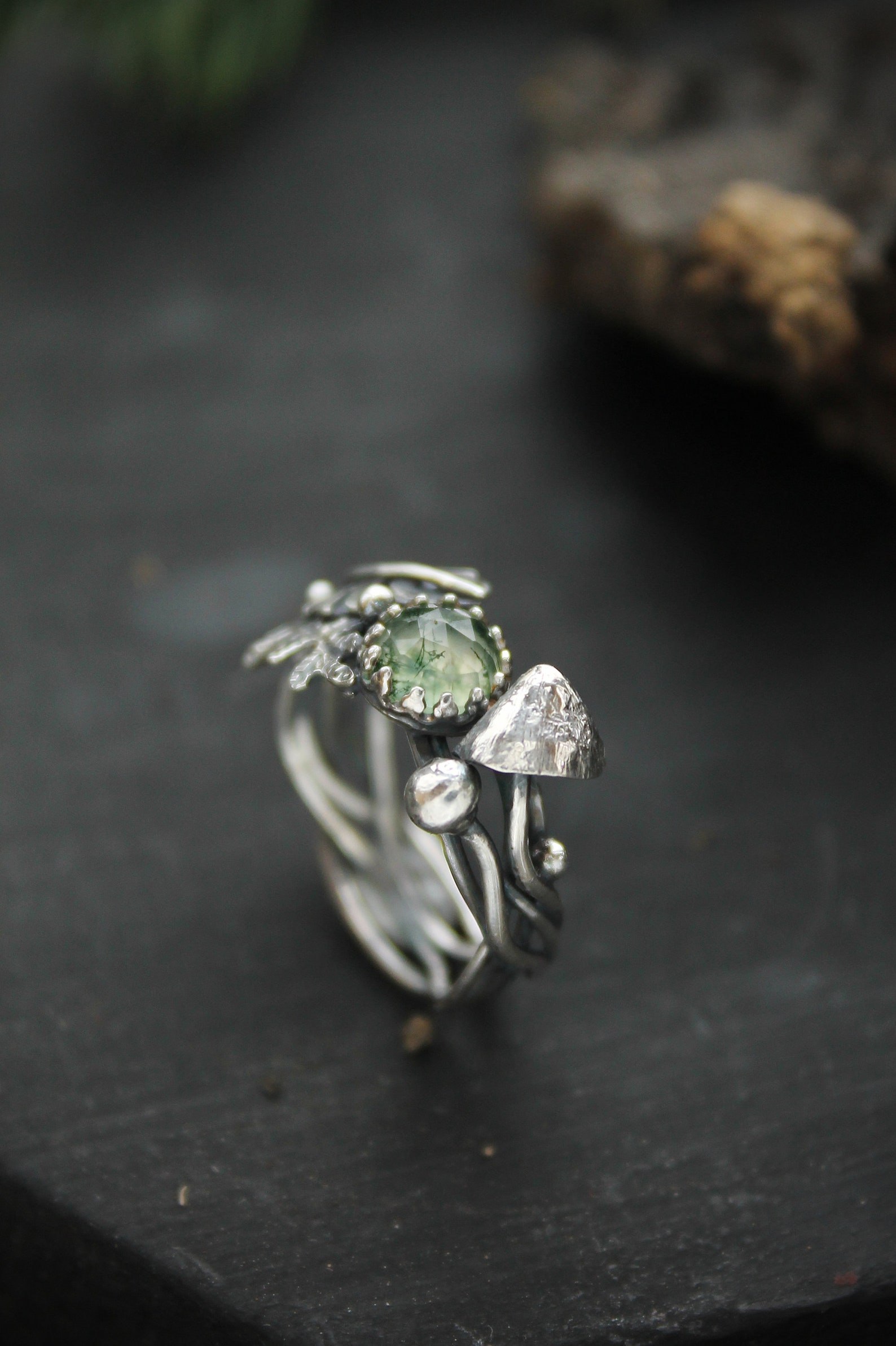 Monstera and Mushrooms Ring Silver Botanical Agate Moss Ring - Etsy