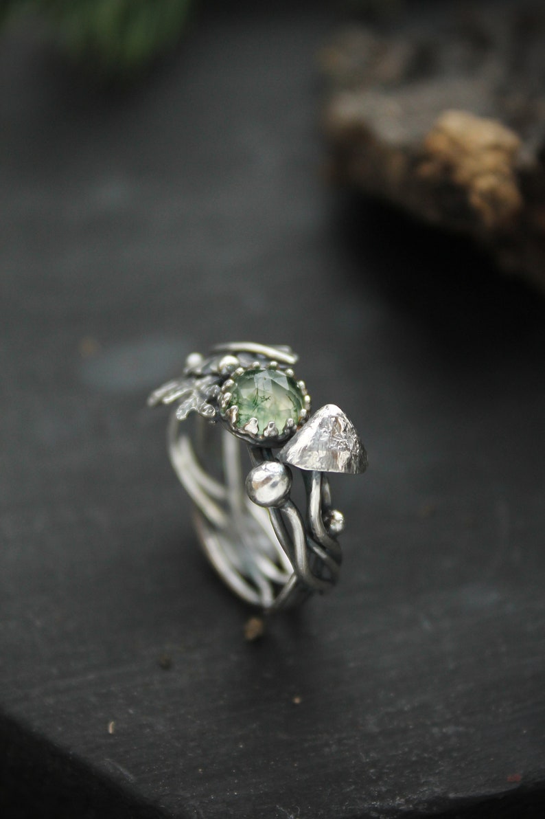 Monstera and Mushrooms Ring Silver Botanical Agate Moss Ring - Etsy