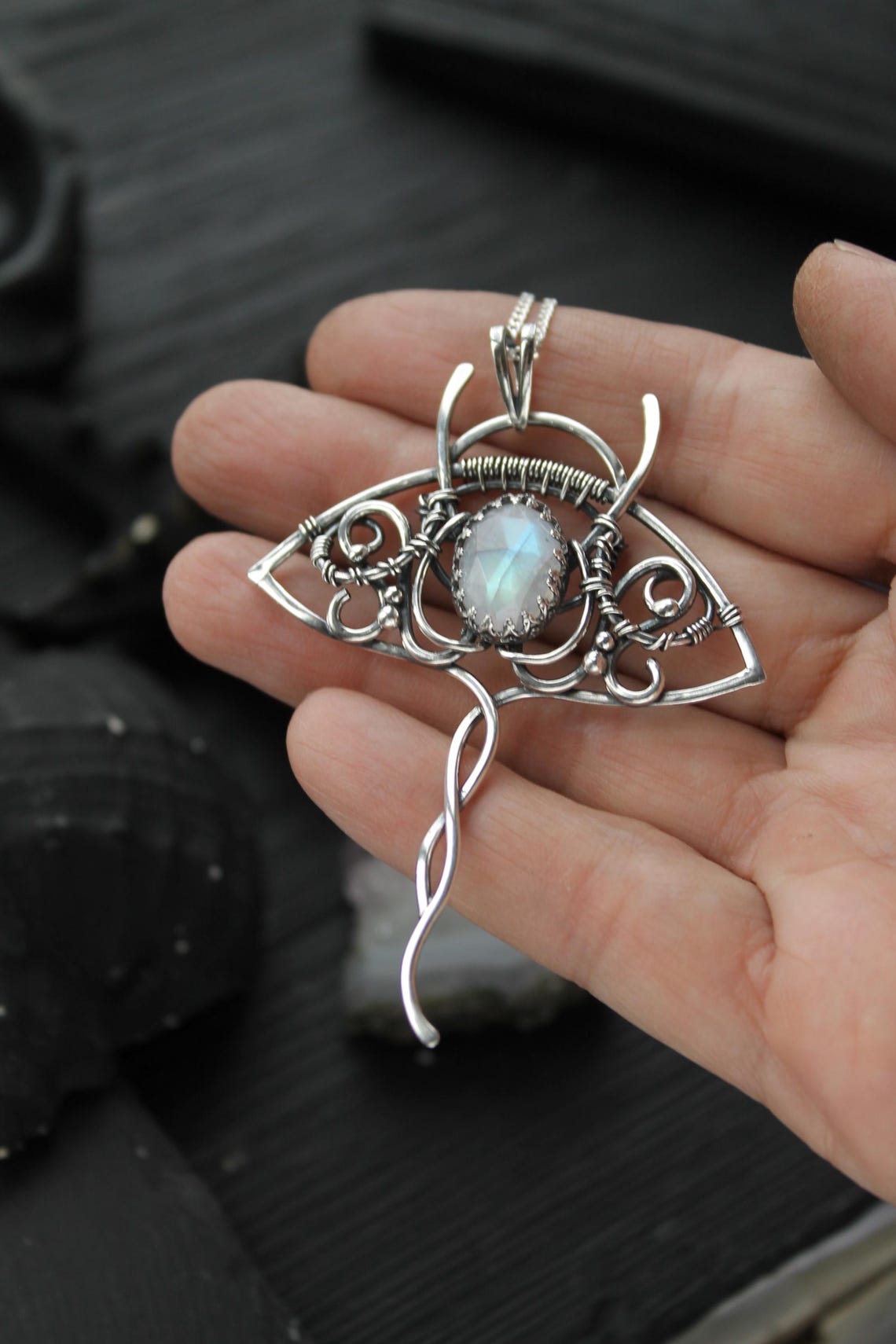 Manta Ray Silver Pendant With Moonstone Wire-wrapped Jewelry Nautical ...