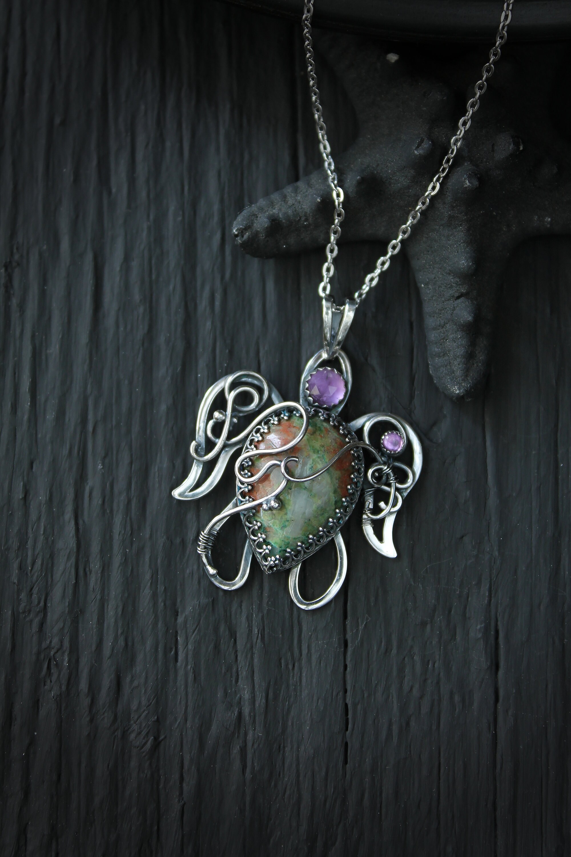 Turtle Necklace With Green Jasper and Amethyst - Etsy