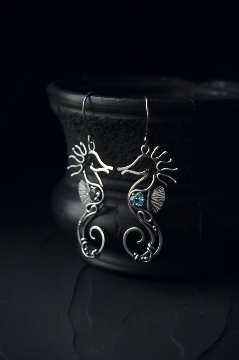 Silver Earrings Seahorse With Blue Topaz Animal Jewelry - Etsy