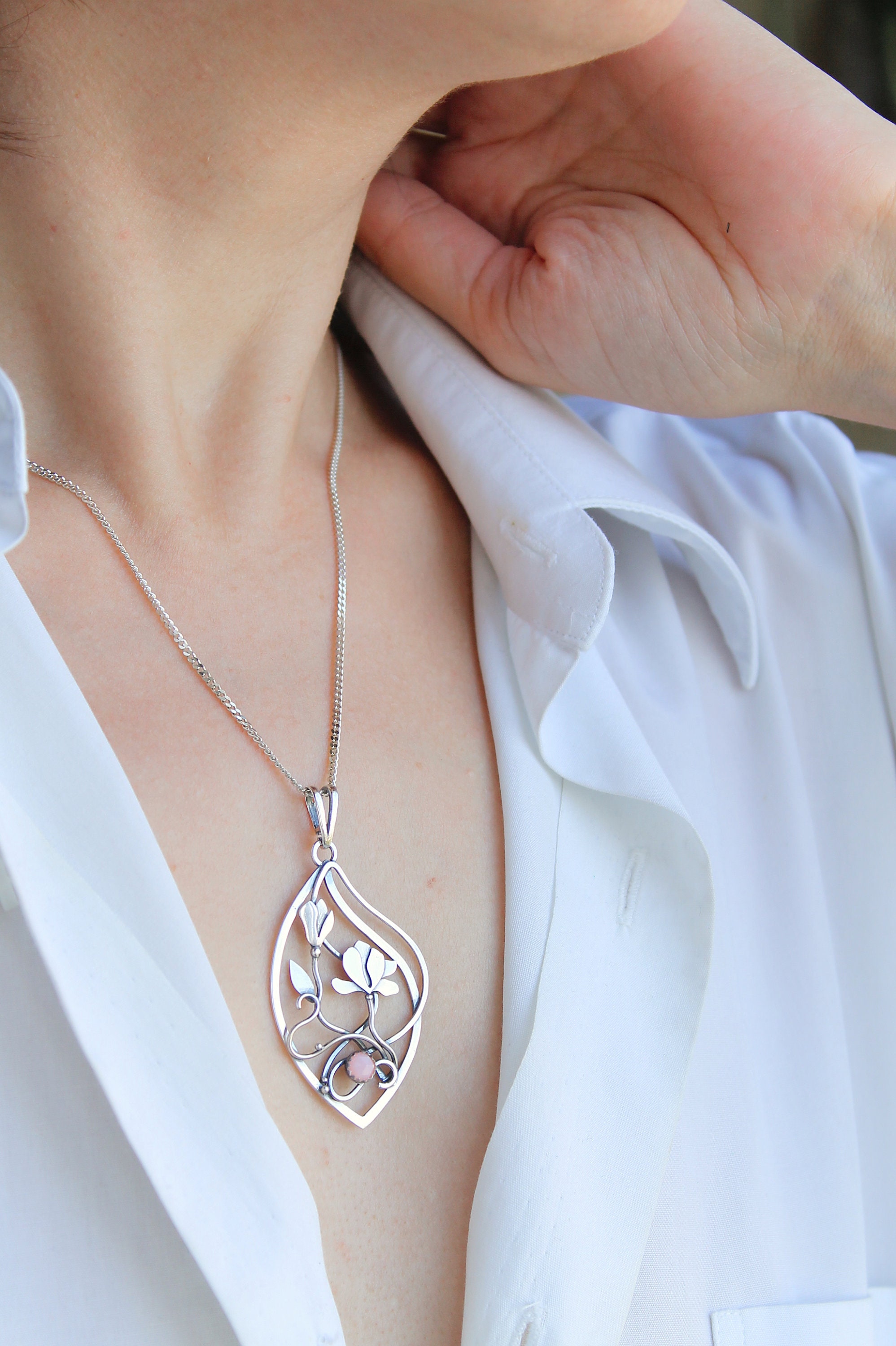 Magnolia Blossom Necklace, Sterling Silver Floral Pendant With Pink ...