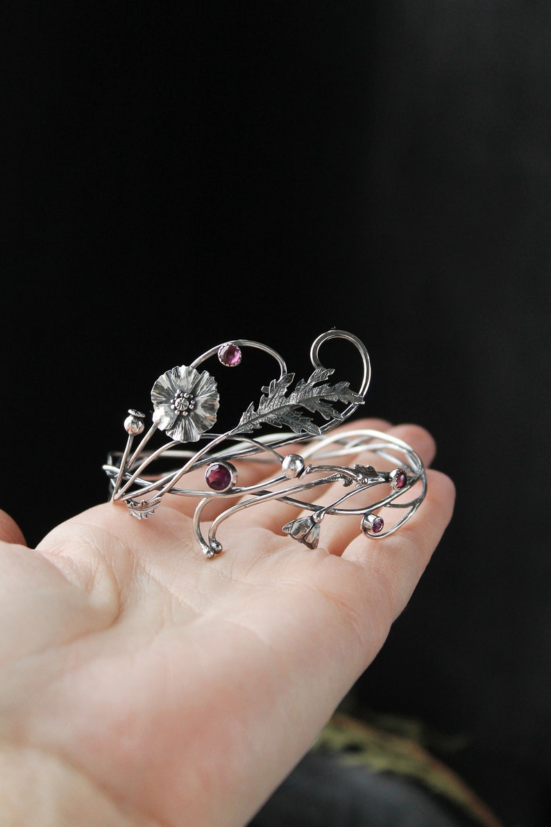 Silver Bracelet Poppy Adjustable Botanical Bangle Elven Cuff - Etsy