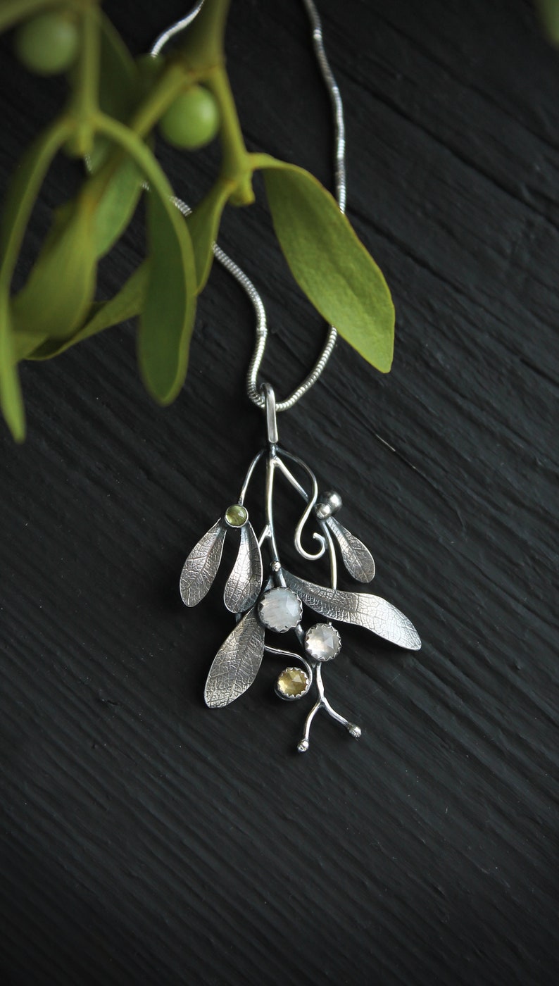 Mistletoe necklace Silver moonstone pendant Plant necklace | Etsy