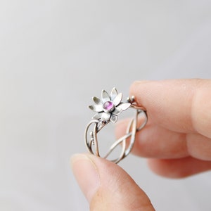 Lotus Ring Proposal Flower Ring Pink Floral Engagement Ring Silver Wire ...