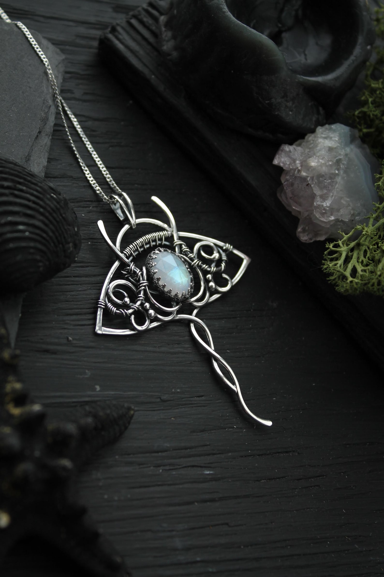 Manta Ray Silver Pendant With Moonstone Wire-wrapped Jewelry Nautical ...