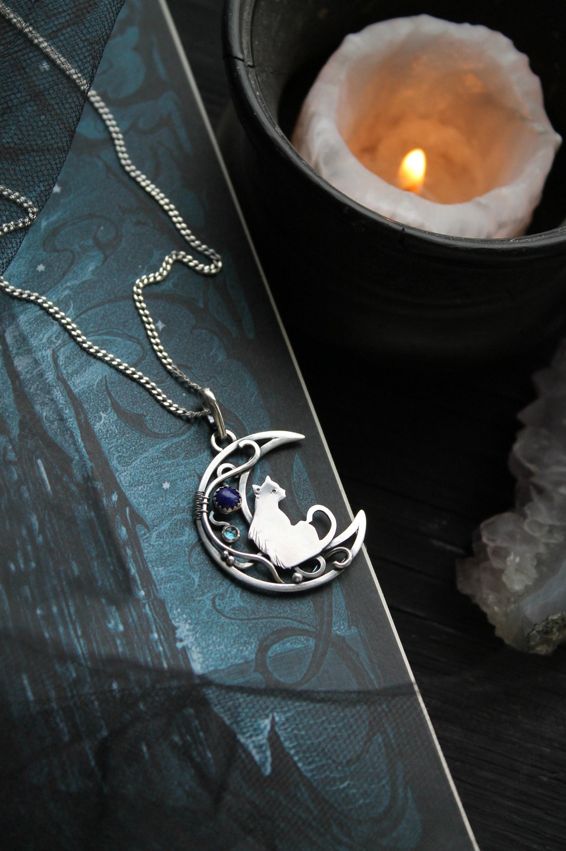 Silver Pendant Cat and Moon Totem Charm Cat Lovers Gift - Etsy