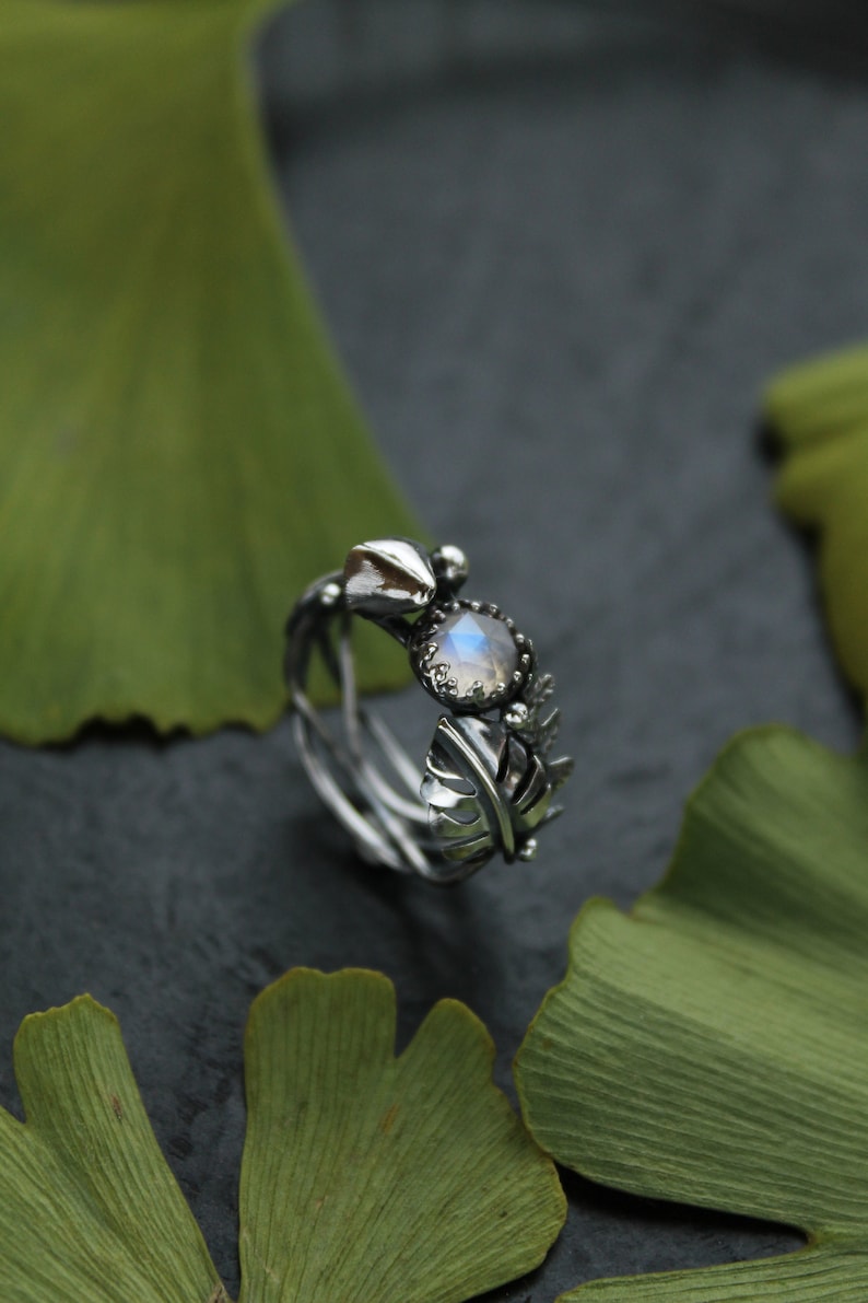 Monstera and Mushrooms Ring Silver Botanical Agate Moss Ring - Etsy