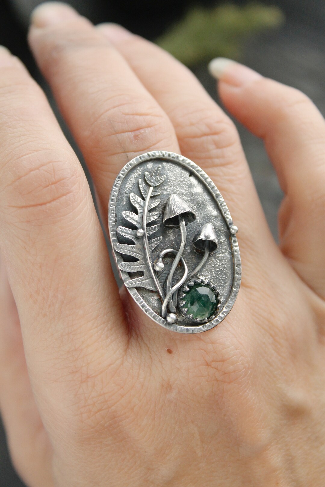 Mushroom and Fern Ring Silver Organic Large Ring Botanical - Etsy