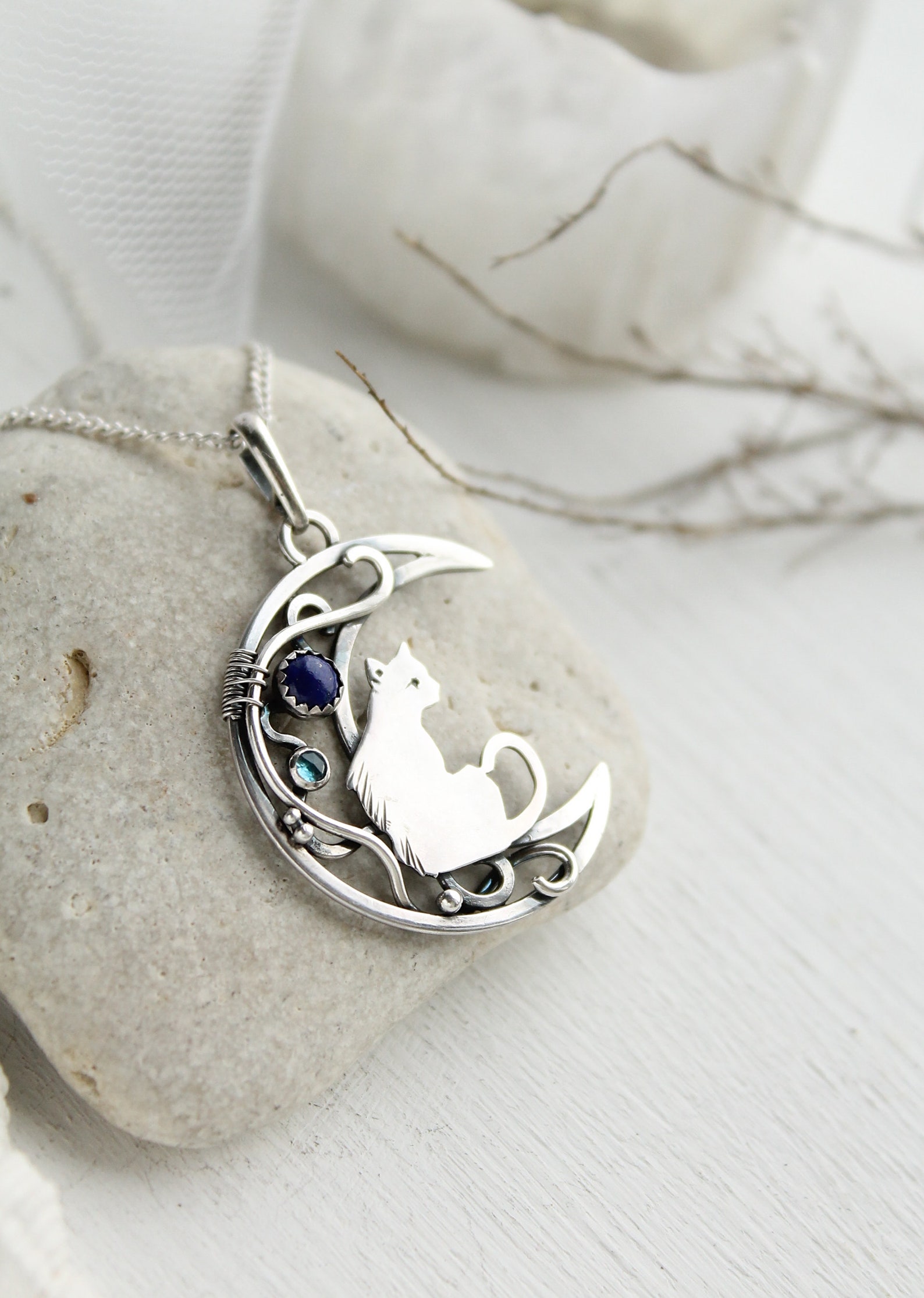 Silver Pendant Cat and Moon Totem Charm Cat Lovers Gift - Etsy