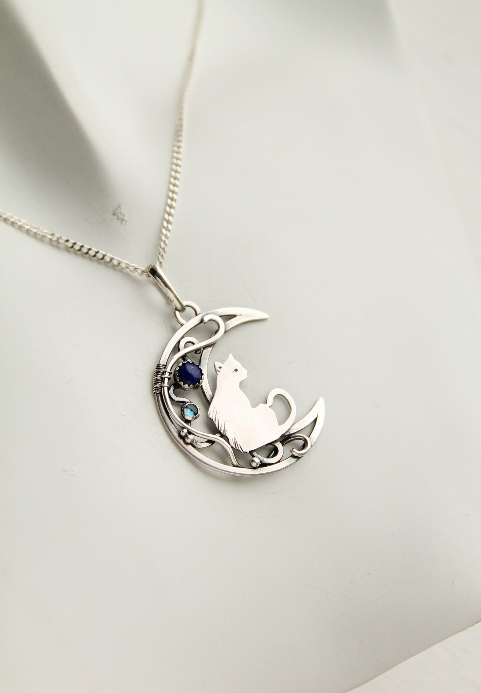 Silver Pendant Cat and Moon Totem Charm Cat Lovers Gift - Etsy