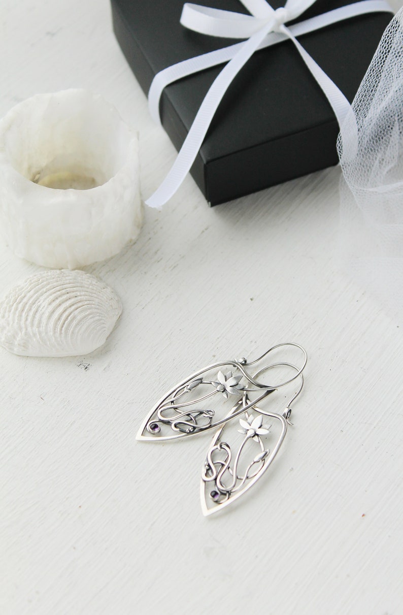 Silver earrings Lotus flower Elven jewelry Floral style | Etsy
