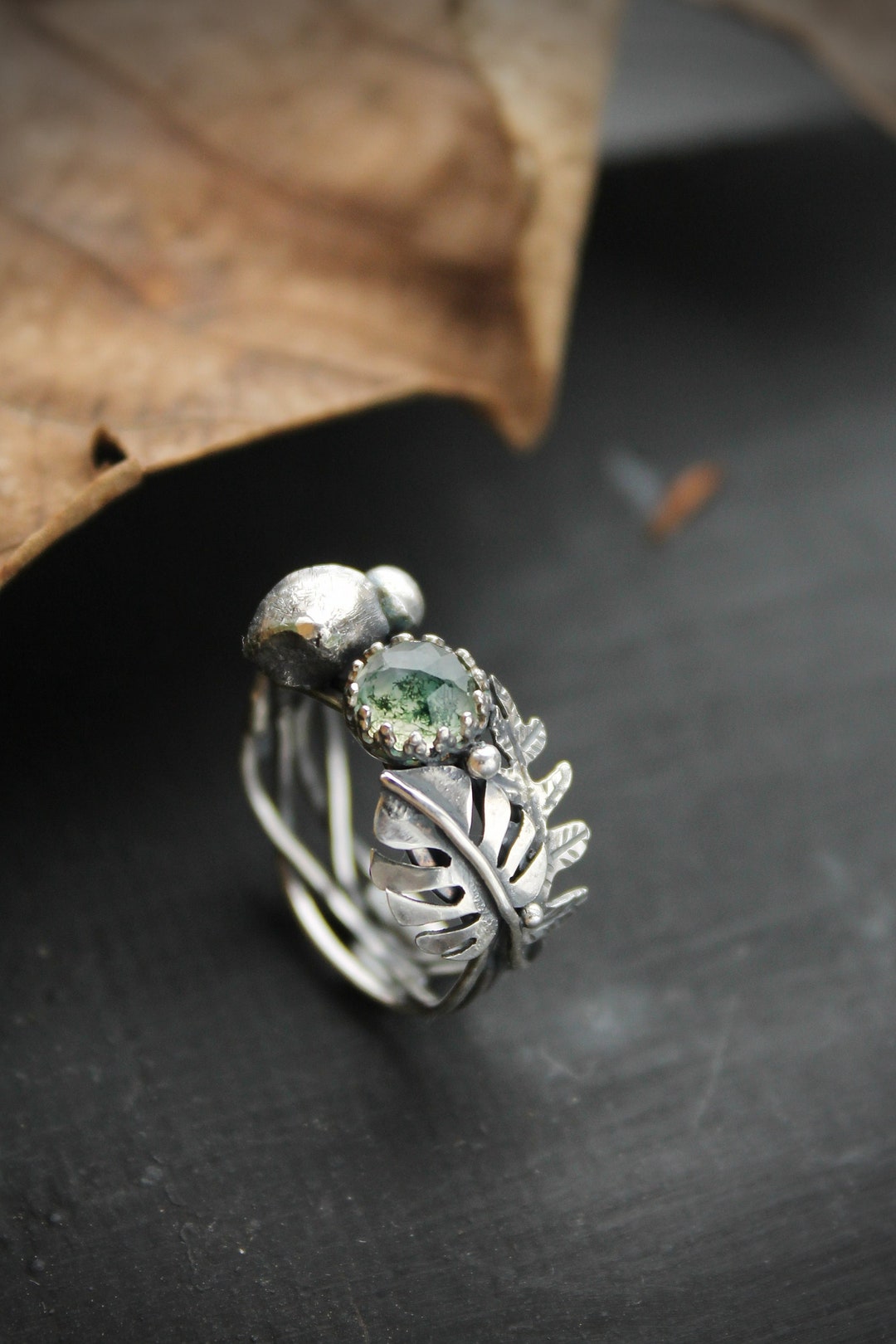 Monstera and Mushrooms Ring Silver Botanical Agate Moss Ring - Etsy