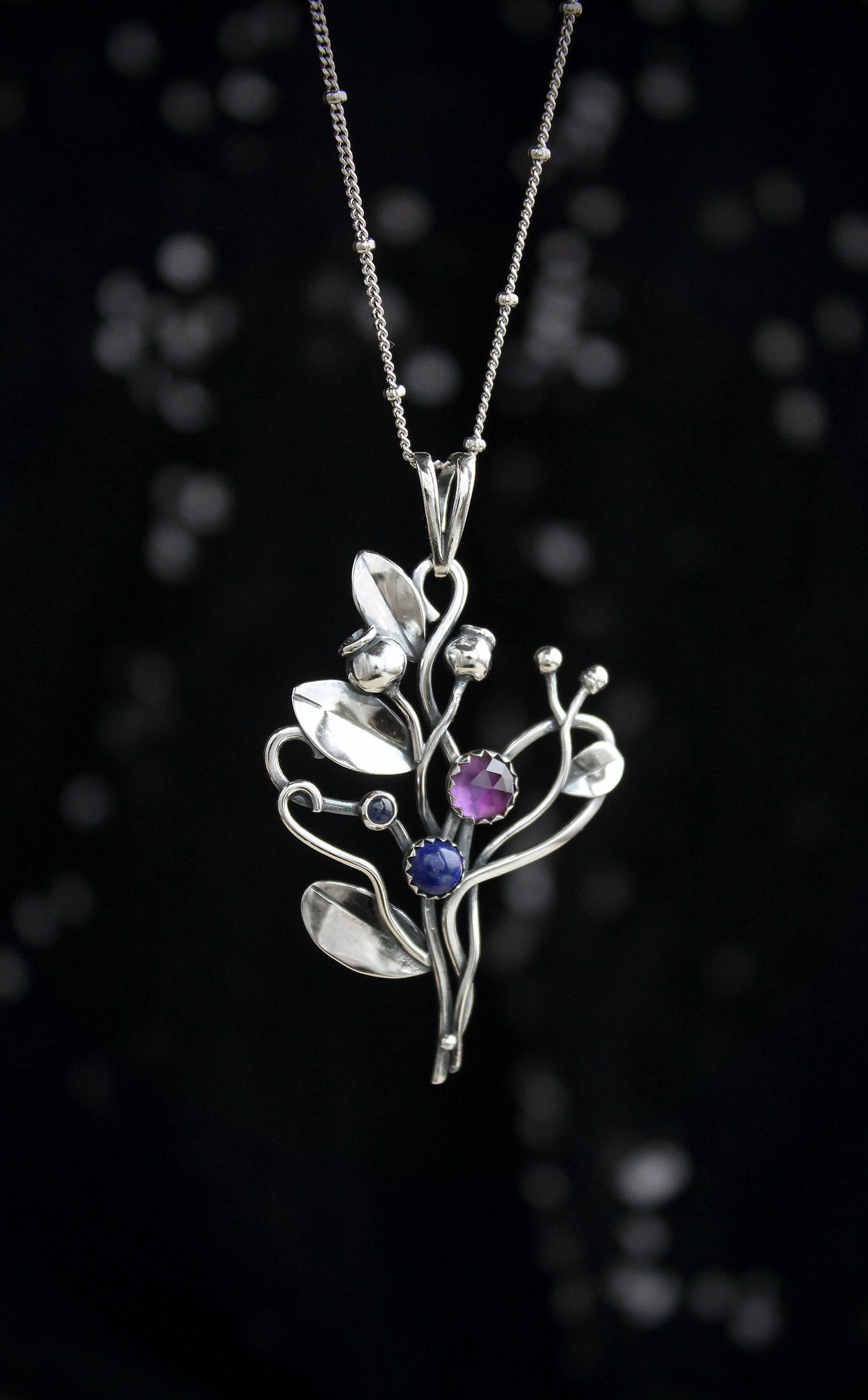 Blueberry Silver Pendant Necklace, Sapphire Amethyst Berries Jewelry ...
