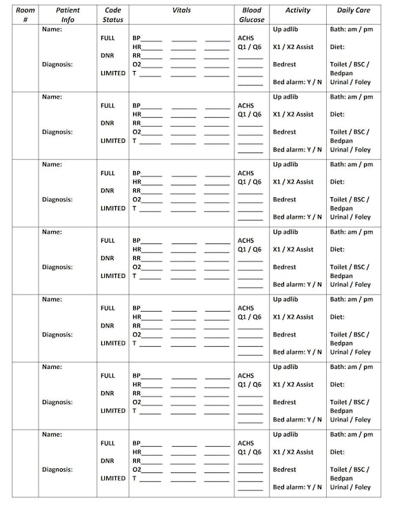Nursing Tech Patient Record Sheet