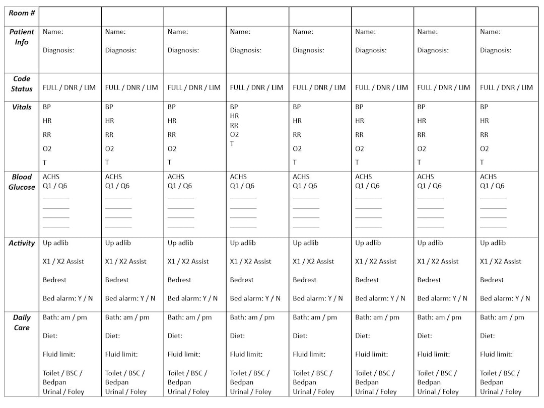 Patient Care Tech Report Sheet Horizontal - Etsy