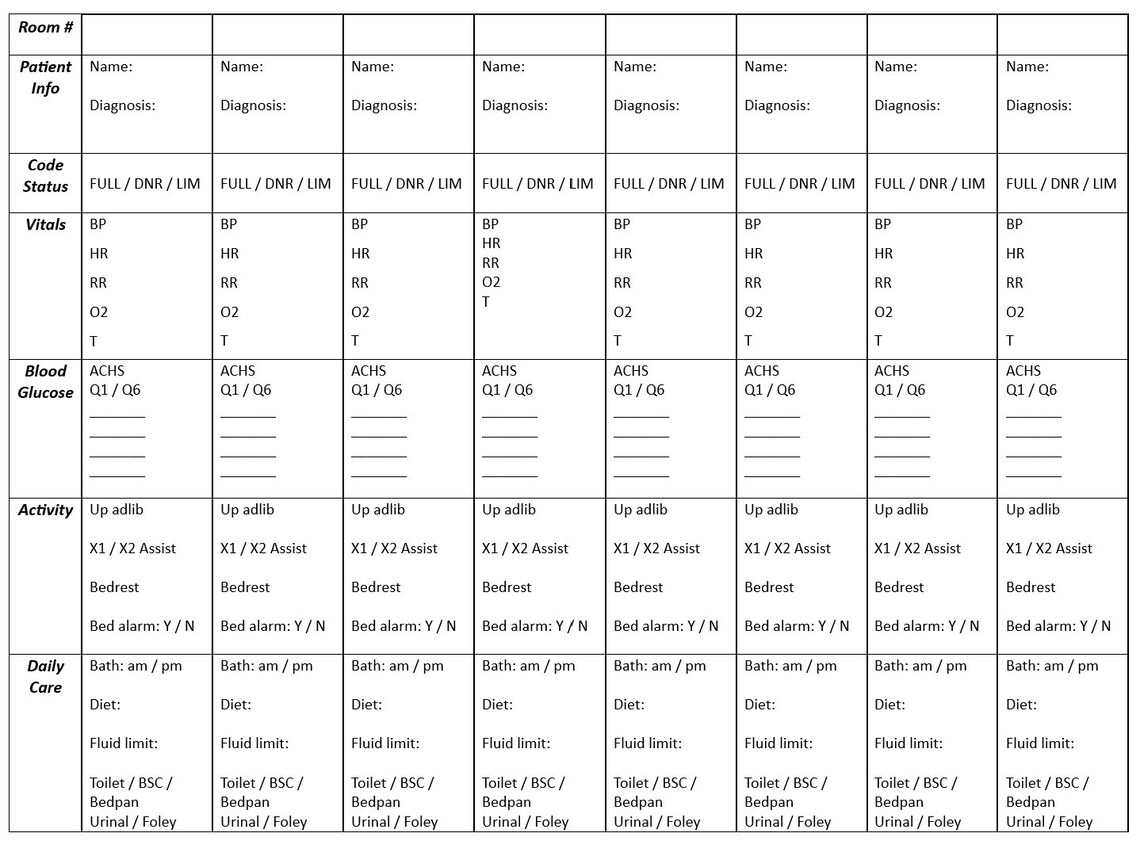 Patient Care Tech Report Sheet Horizontal - Etsy