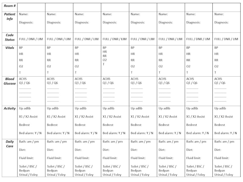 Patient Care Tech Report Sheet Horizontal - Etsy