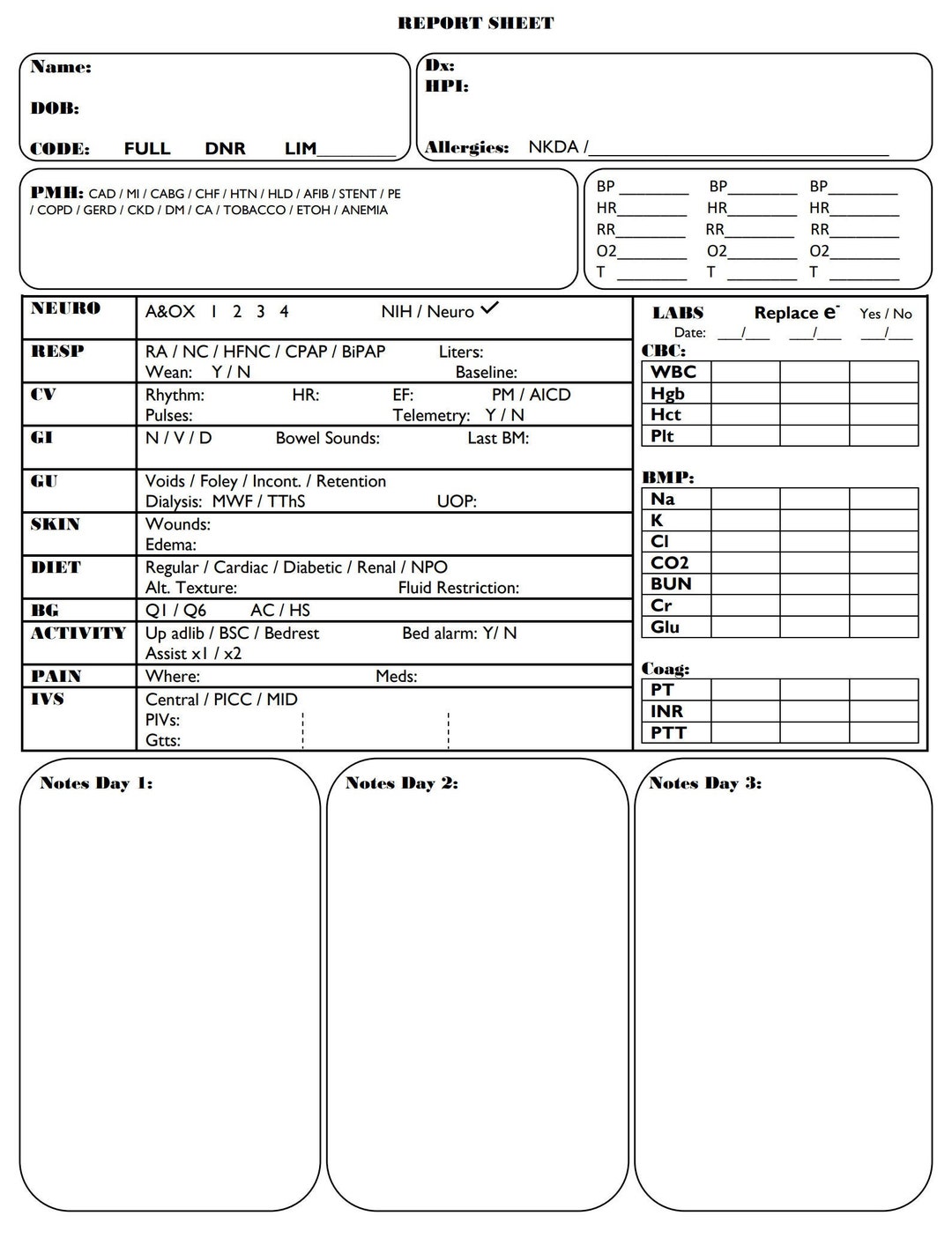Nurse Report Sheet Version 2 - Etsy