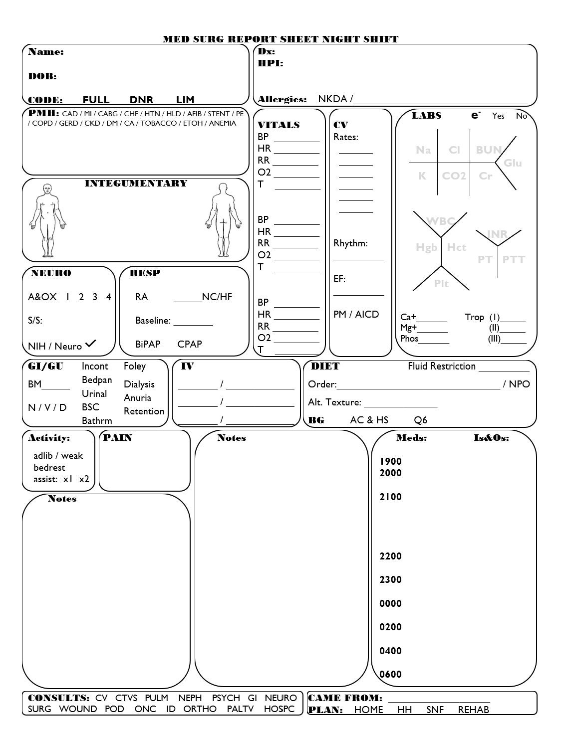 Medsurg Nurse Report Sheet Night Shift - Etsy