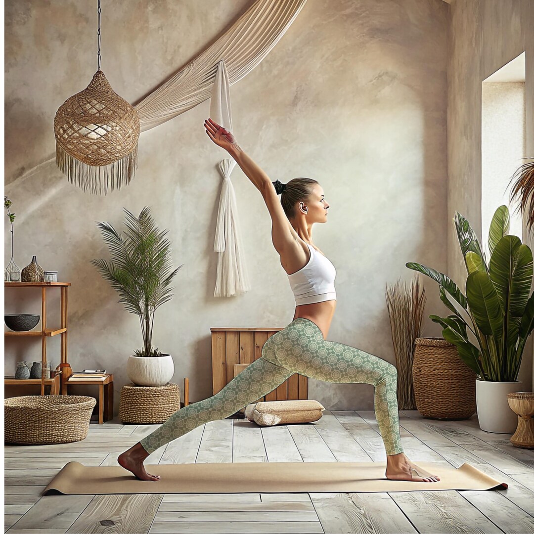 Boho Sage Green Mandala Square Design Leggings for Yoga Pilates ...