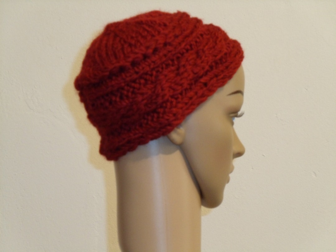 Knitted Dark Red Cap With Braid Pattern on the Edge - Etsy UK