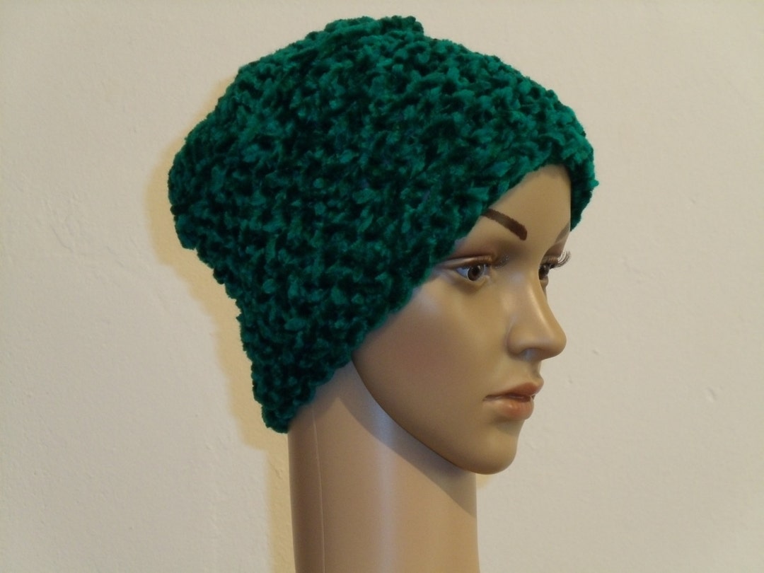 Green Knitted Cap in Velour Ribbon Yarn - Etsy